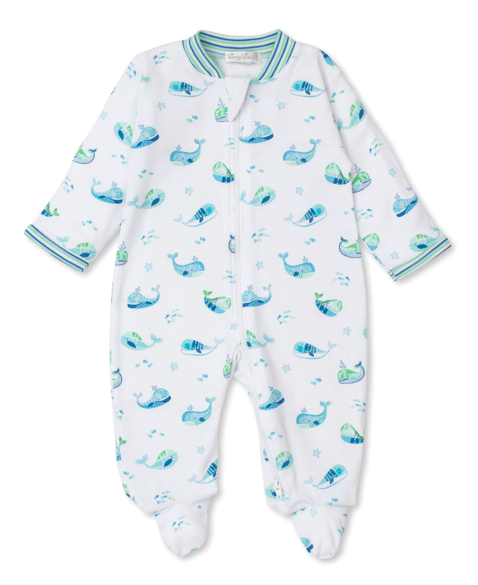 Kissy Kissy Watercolor Whales Print Zip Footie – Lively Kids